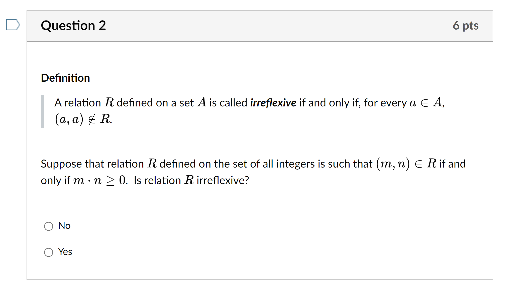 Solved A relation R defined on a set A is called irreflexive | Chegg.com