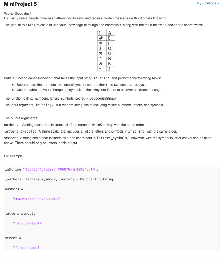 Solved MiniProject 5 My Solutions Word Decoder! For many | Chegg.com