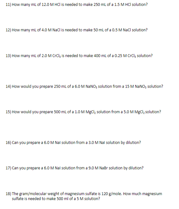 Solved Molarity and Dilutions Worksheet (27 pts; 1.5 pt for | Chegg.com