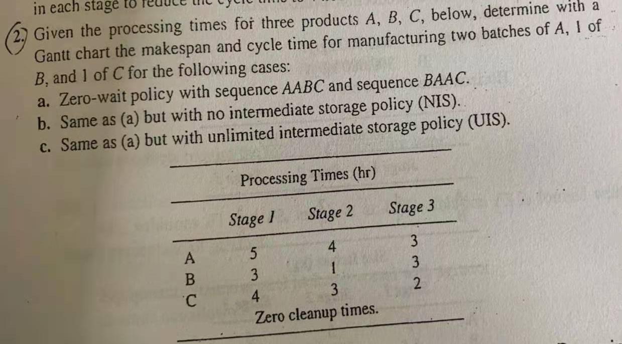 Solved in each stage 2. Given the processing times for three | Chegg.com