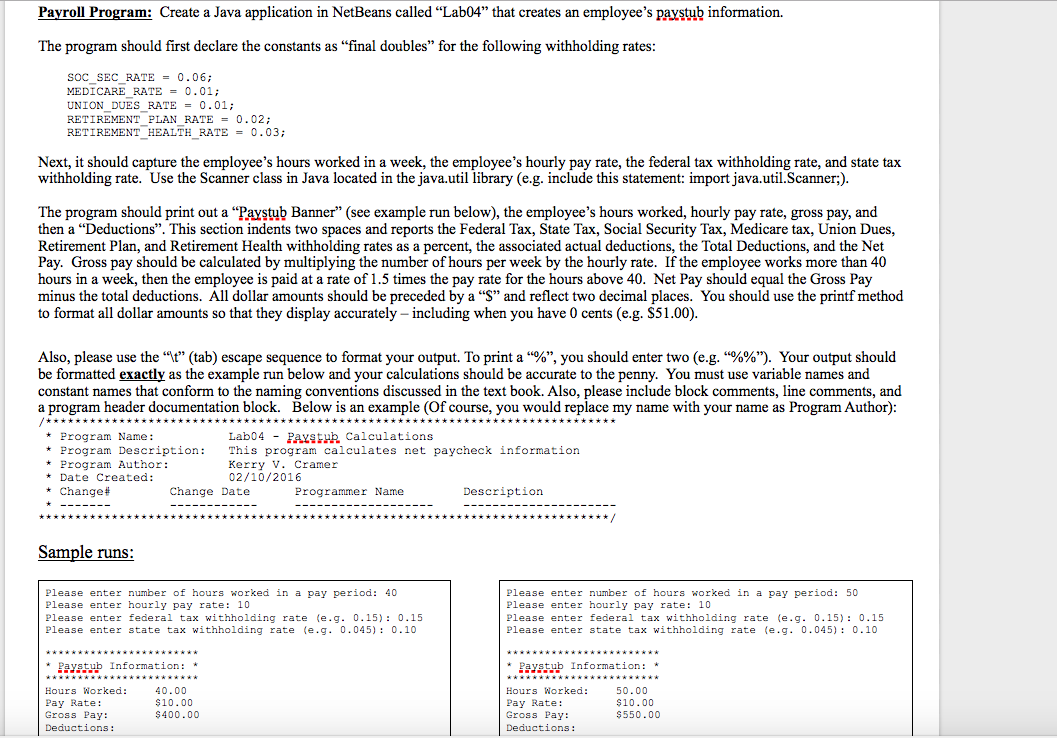 Payroll Program: Create a Java application in | Chegg.com