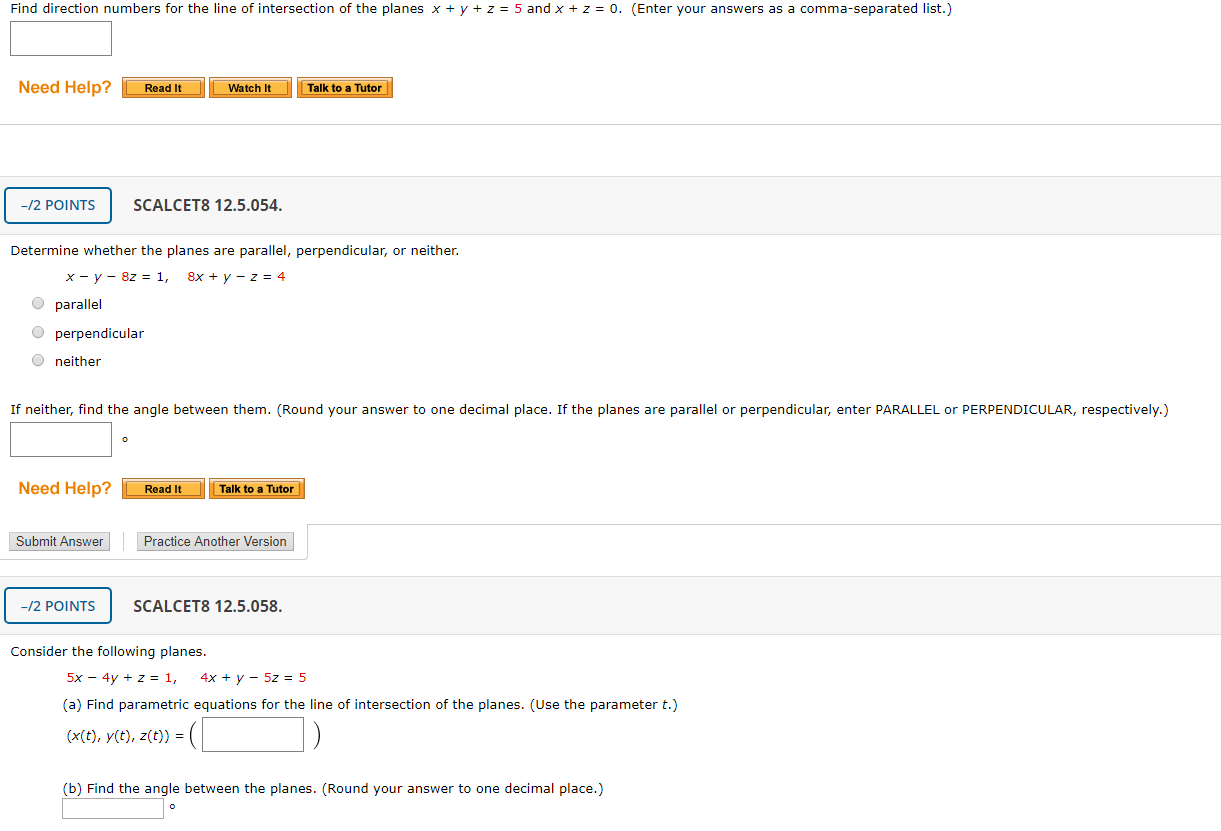 Solved Find direction numbers for the line of intersection | Chegg.com
