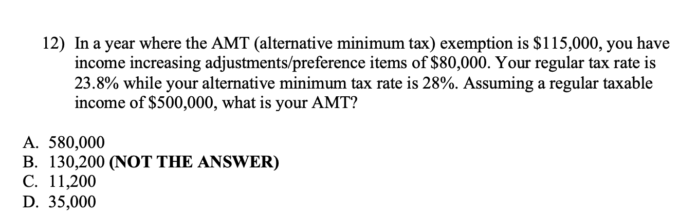 Solved 12) In a year where the AMT (alternative minimum tax) | Chegg.com