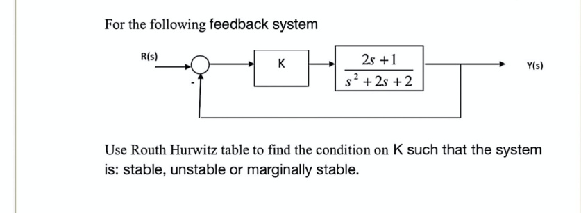 Solved For the following feedback system Use Routh Hurwitz | Chegg.com