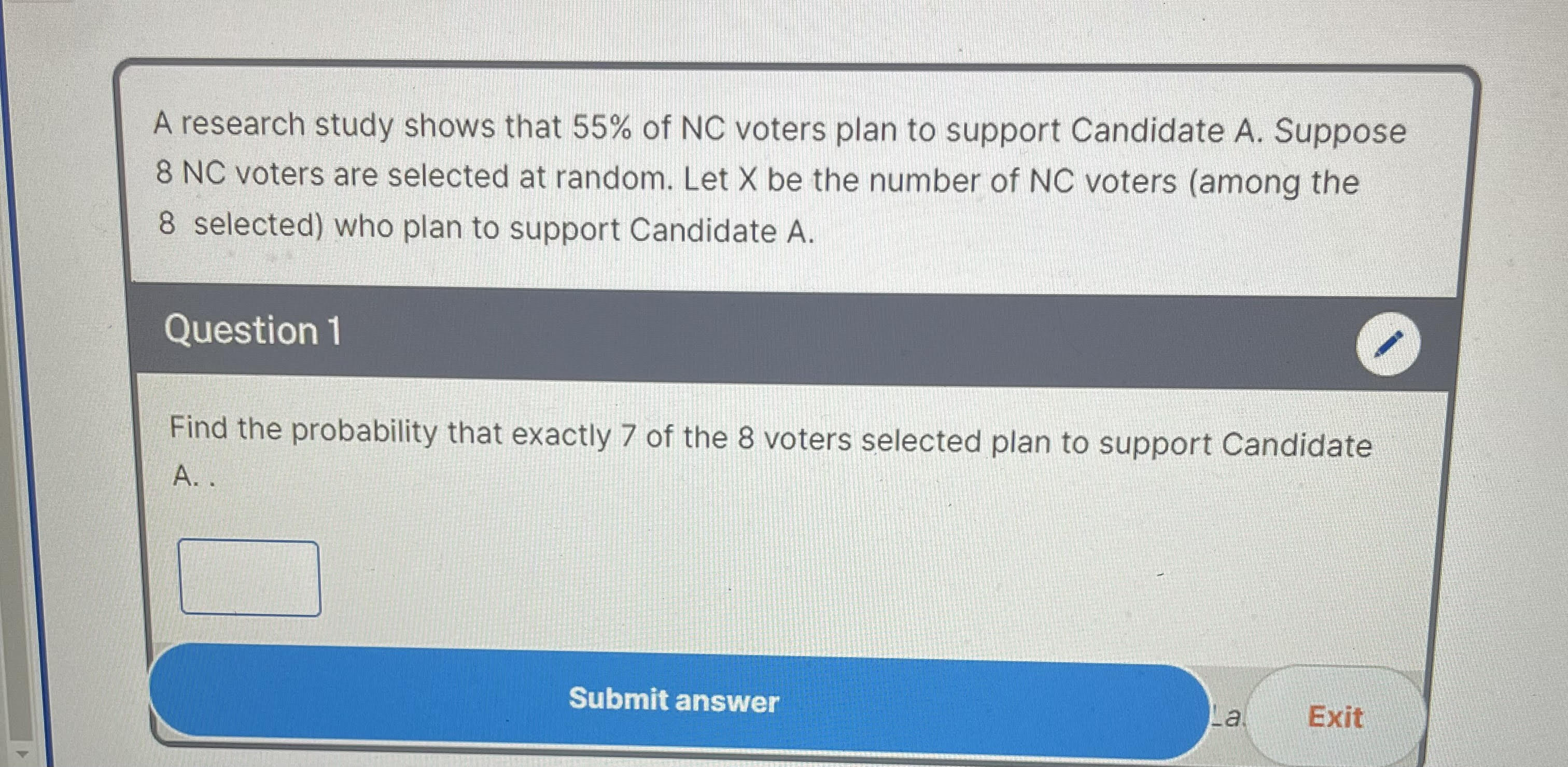 Solved A research study shows that 55% of NC voters plan to | Chegg.com