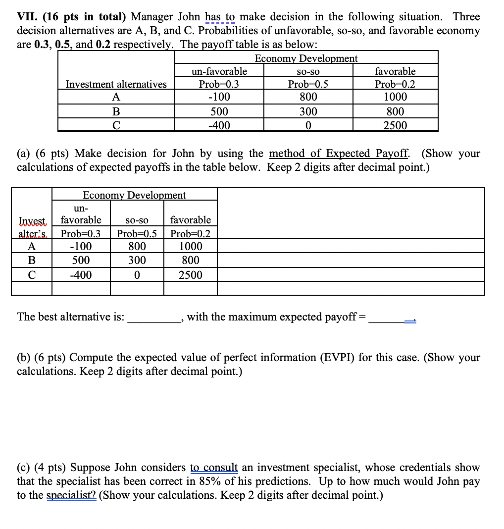 Solved VII. (16 pts in total) Manager John has to make | Chegg.com