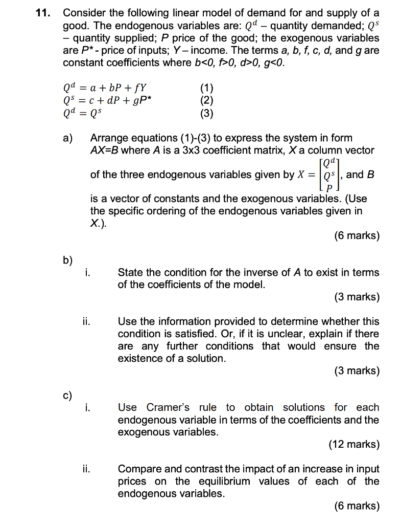 Solved 11. Consider the following linear model of demand for | Chegg.com