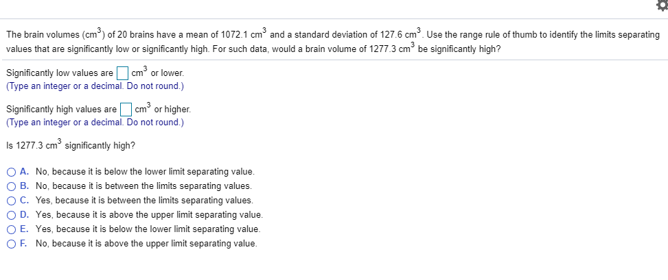 Solved The brain volumes (cm3) of 20 brains have a mean of | Chegg.com
