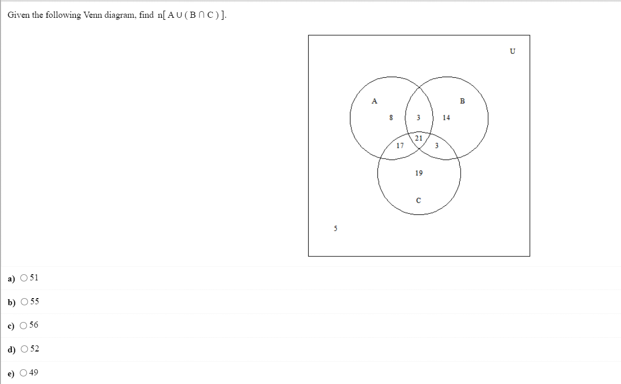 Solved Given the following Venn diagram, find n[ AU(BNC)). U | Chegg.com
