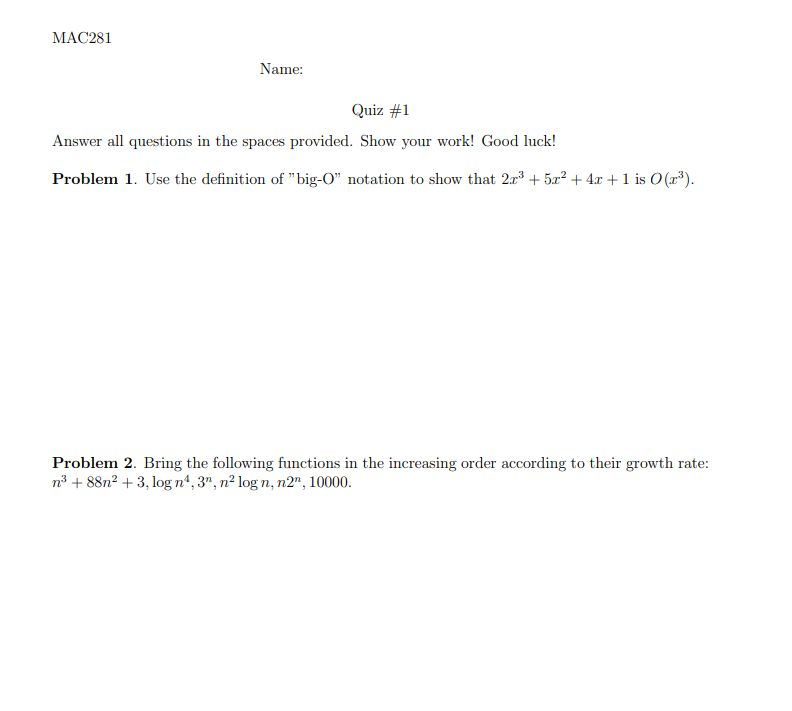 Solved MAC281 Name: Quiz #1 Answer all questions in the | Chegg.com