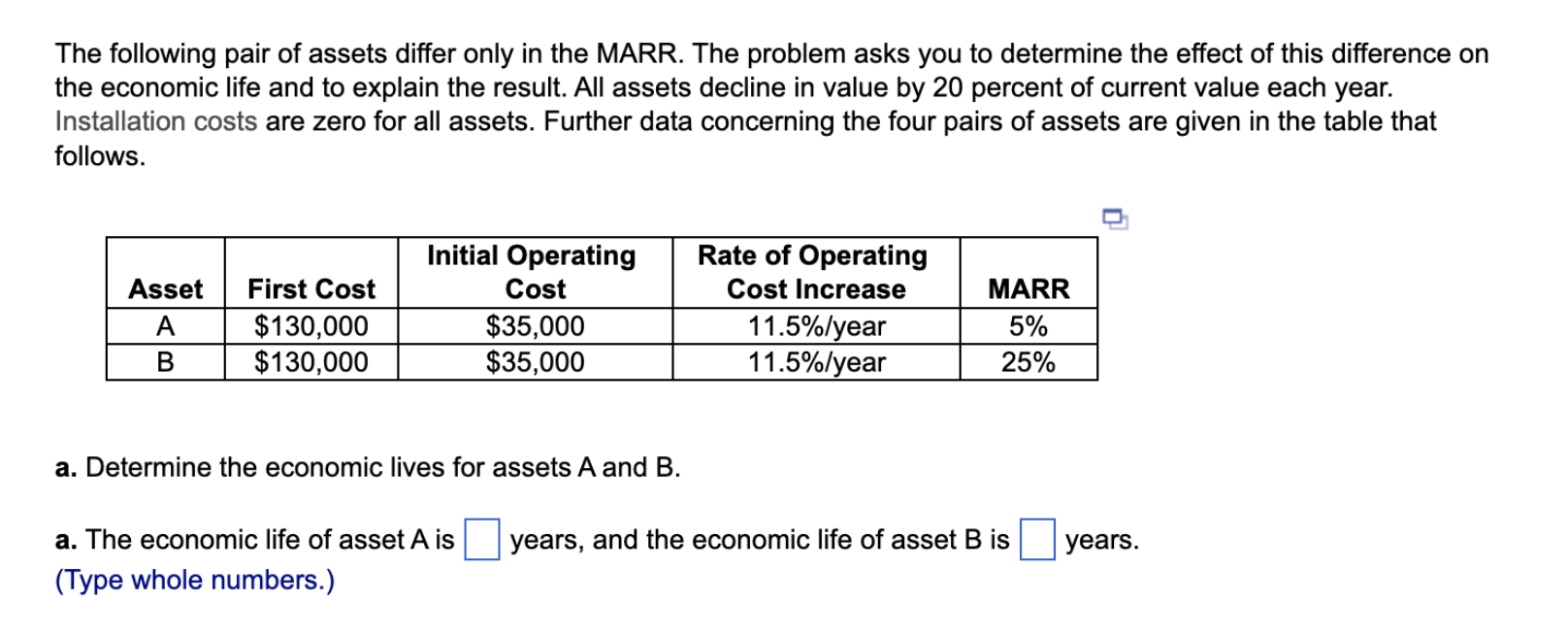 Solved The following pair of assets differ only in the MARR. | Chegg.com