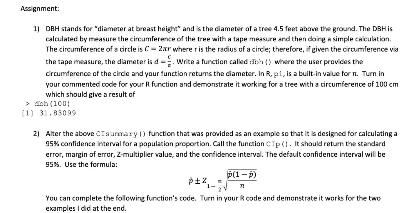 Solved Assignment: = 1) DBH stands for "diameter at breast | Chegg.com