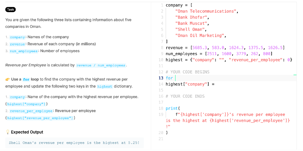 Solved Use a for loop to find the company with the highest | Chegg.com