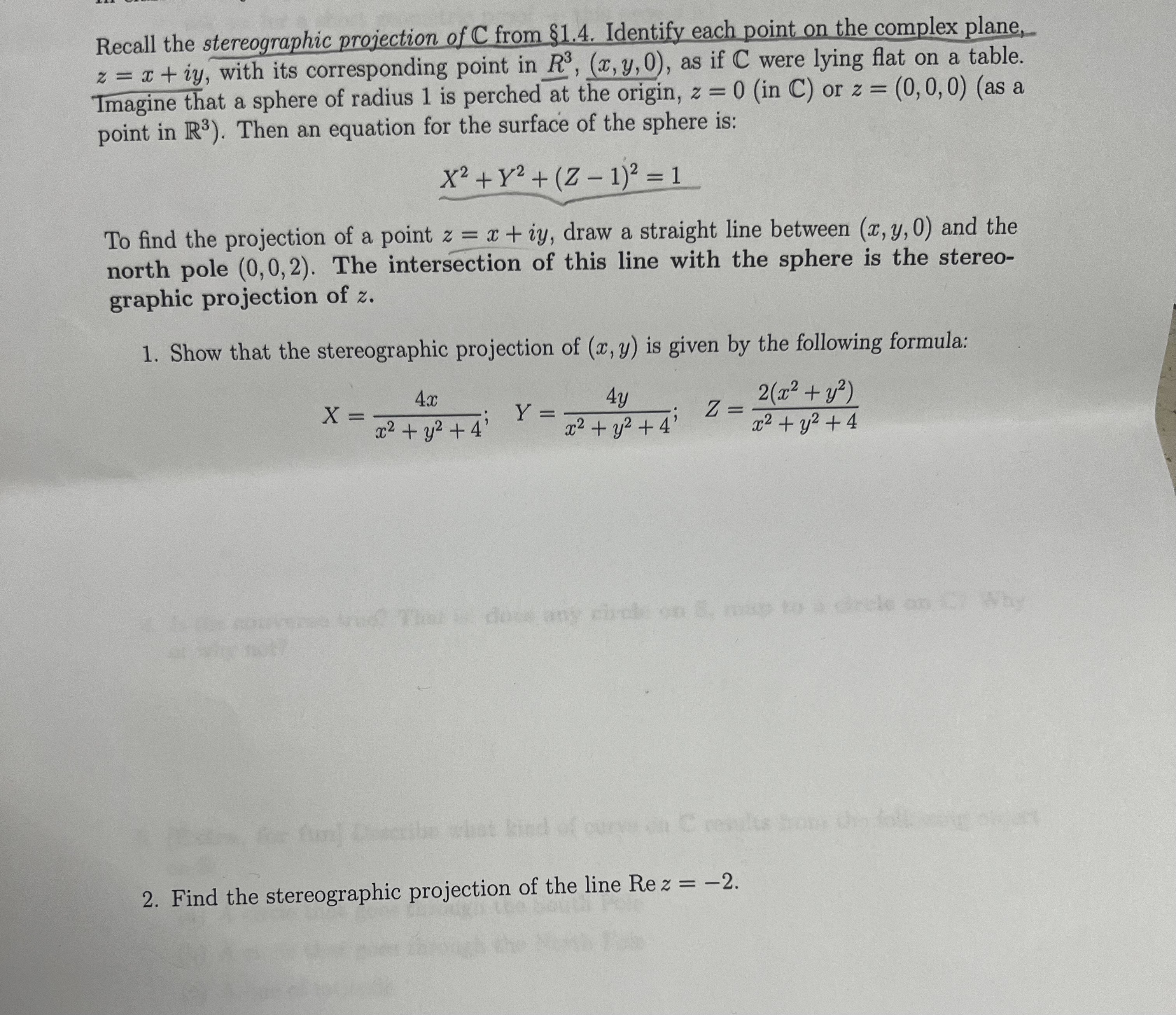 Solved Recall the stereographic projection of C ﻿from §1.4. | Chegg.com
