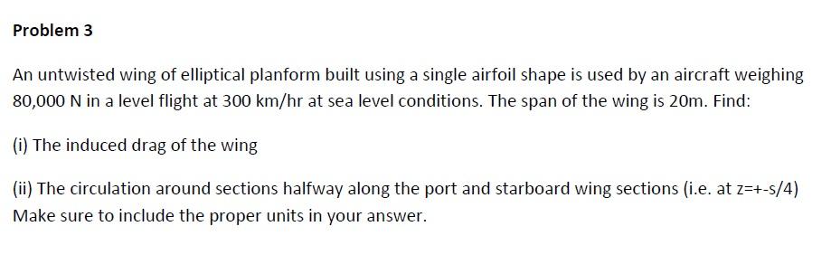 Solved Problem 3 An untwisted wing of elliptical planform | Chegg.com