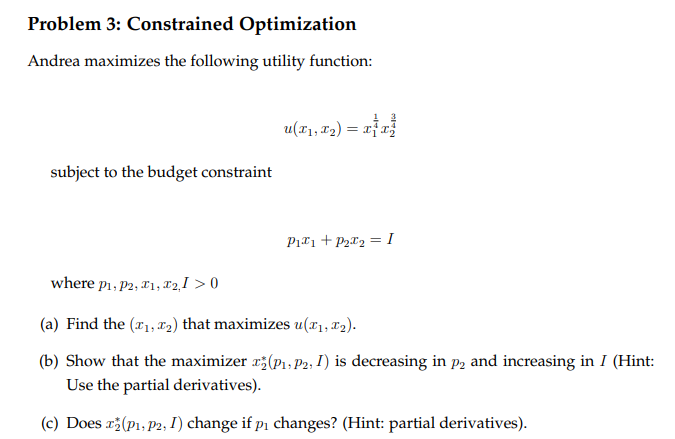 Solved Problem 3: Constrained Optimization Andrea maximizes | Chegg.com