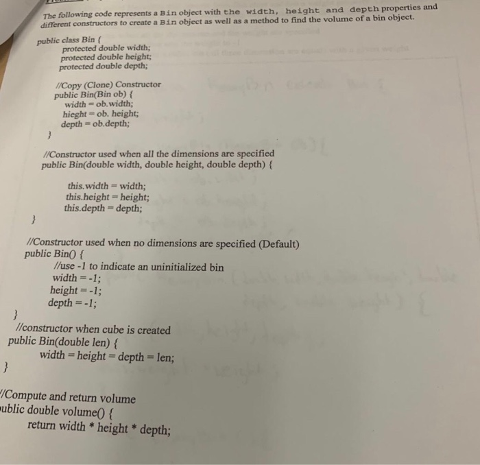 Solved The following code represents a Bin object with the | Chegg.com