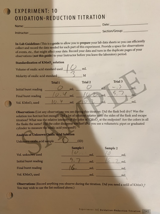 Solved EXPERIMENT: 10 OXIDATION-REDUCTION TITRATION Name: | Chegg.com