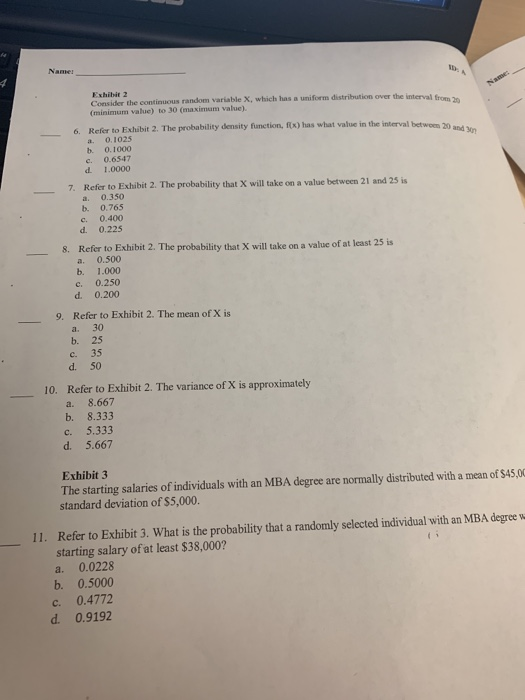 Solved Name Tb. Exhibit 2 Consider the continuous random | Chegg.com