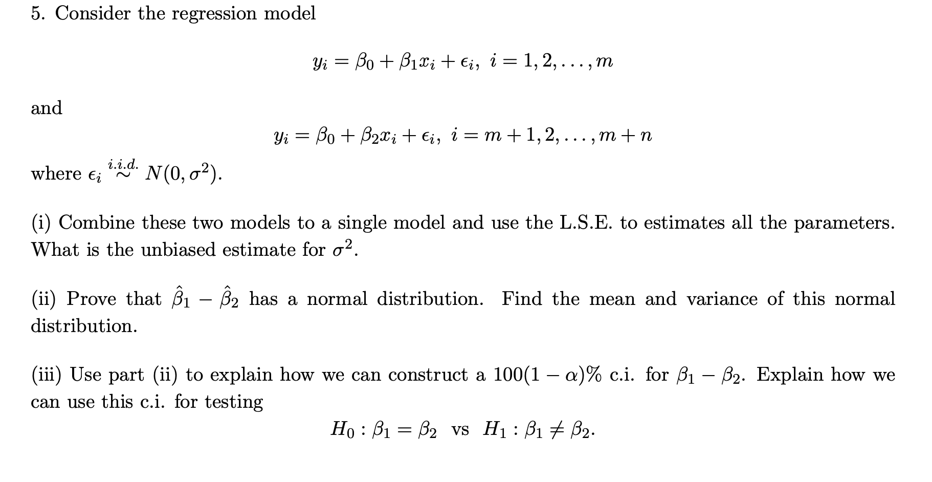 5. Consider the regression model Yi = Bo + B12; + €i, | Chegg.com