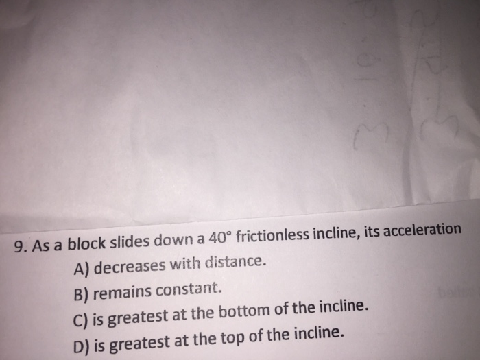 Solved 9. As a block slides down a 40° frictionless incline, | Chegg.com