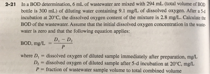 Solved In a BOD determination, 6 mL of wastewater are mixed | Chegg.com