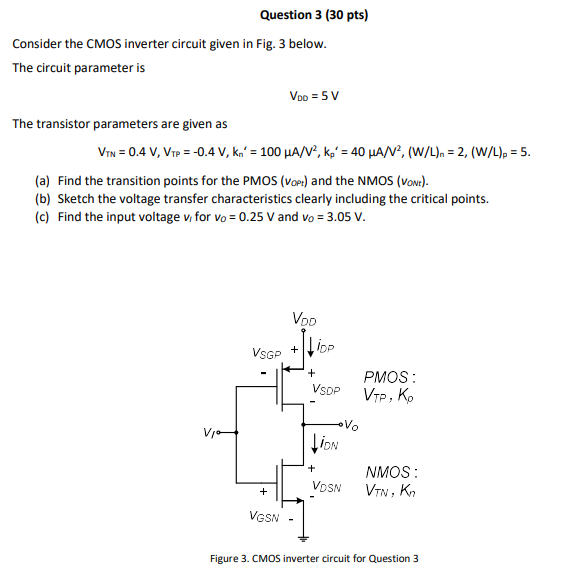 Solved Question 3 (30 pts) Consider the CMOS inverter | Chegg.com Solved Question 3 (30 pts) Consider the CMOS inverter | Chegg.com