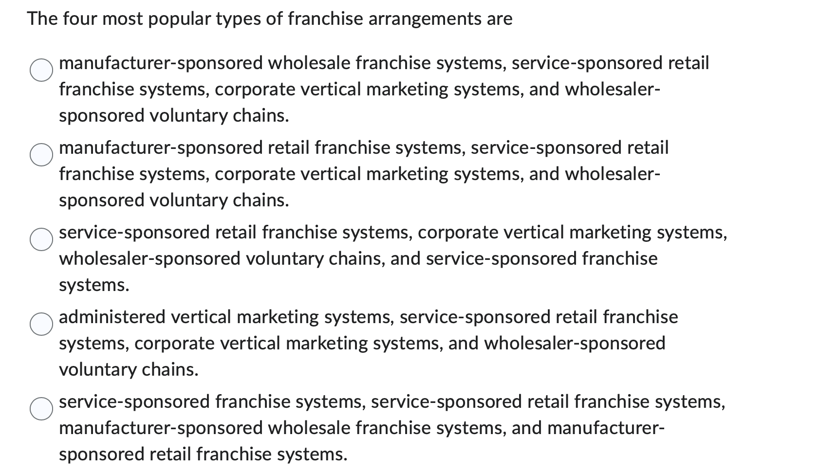 Solved The four most popular types of franchise arrangements | Chegg.com