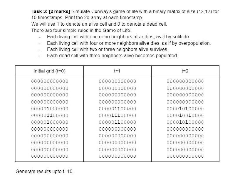 Solved Task 3: [2 marks] Simulate Conway's game of life with | Chegg.com