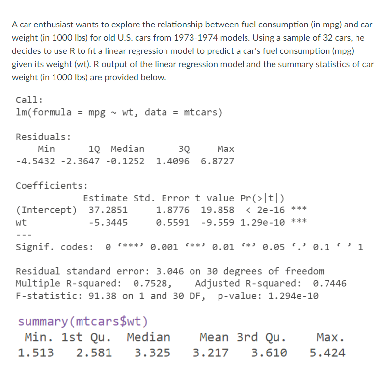 Solved A car enthusiast wants to explore the relationship | Chegg.com