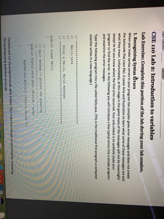 Solved Name Lau Name: CSE 110 Lab 2: Introduction to | Chegg.com