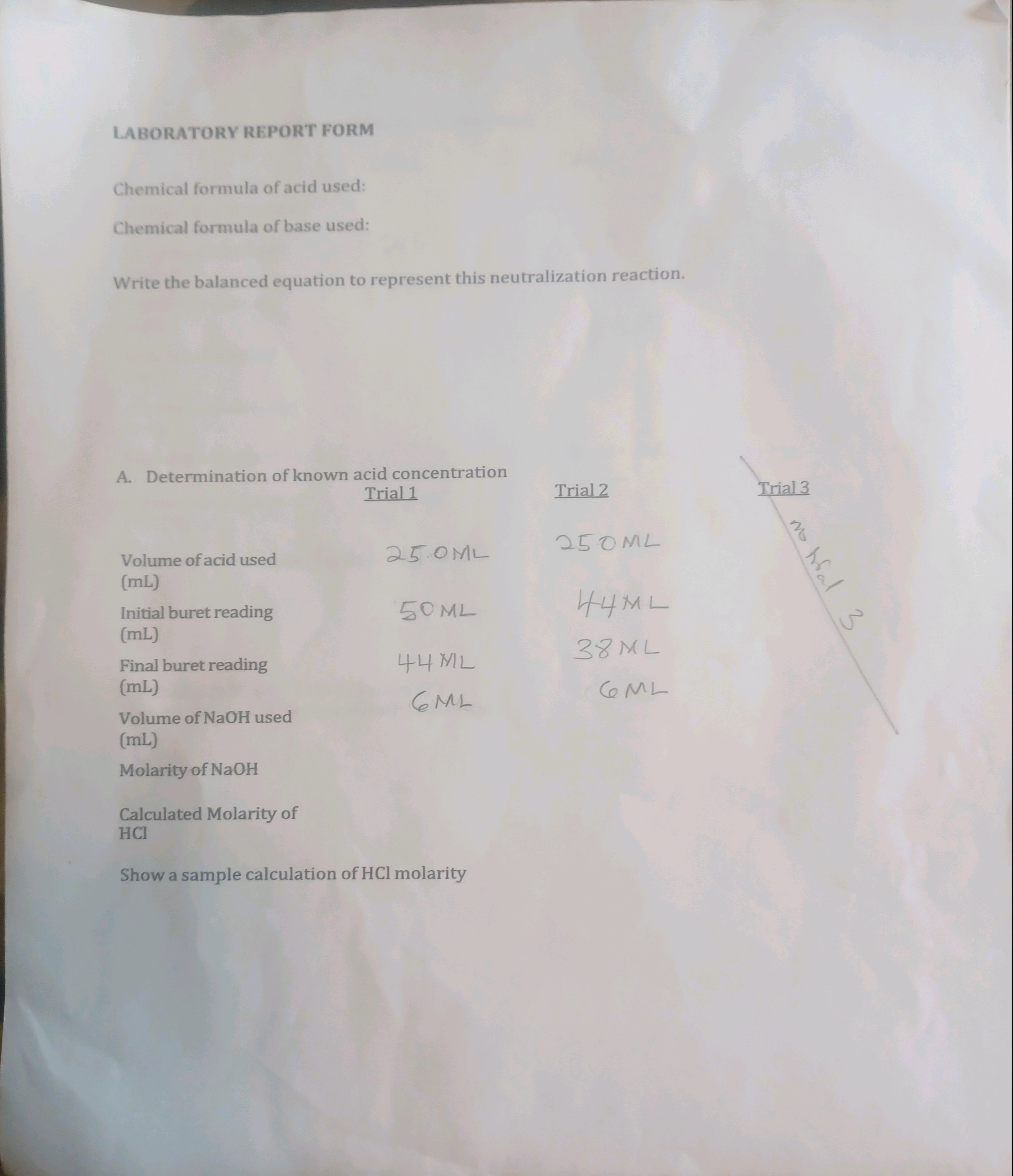 LABORATORY REPORT FORM Chemical formula of acid used: | Chegg.com