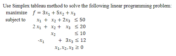 Solved Use Simplex tableau method to solve the following | Chegg.com