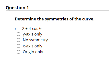 Solved Determine the symmetries of the curve. r=−2+4cosθ | Chegg.com