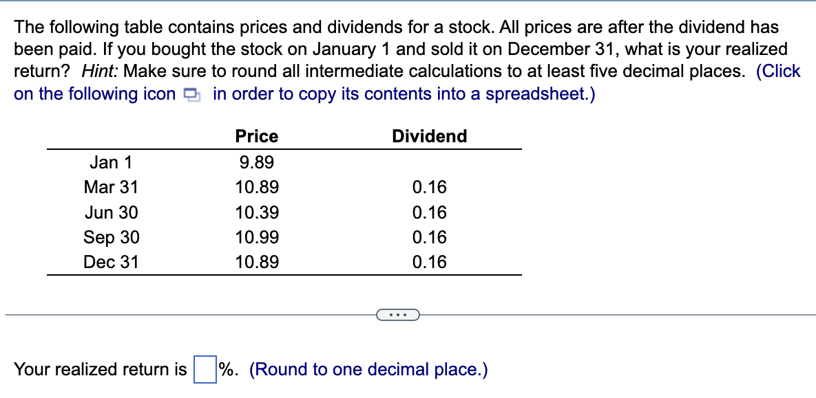 Solved The following table contains prices and dividends for | Chegg.com