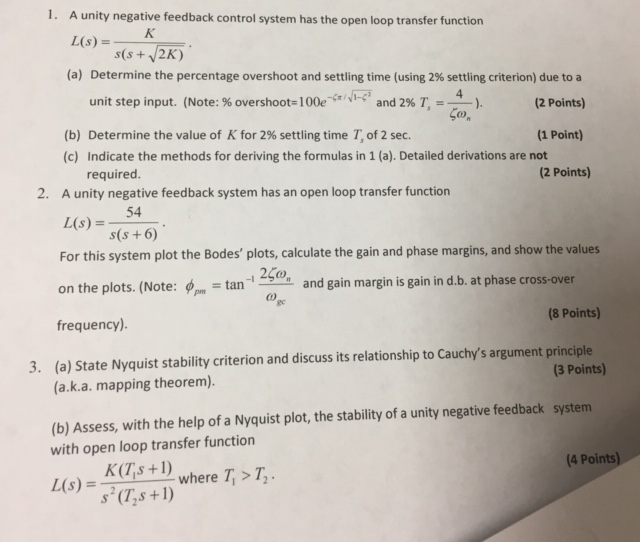 Solved 1. A unity negative feedback control system has the | Chegg.com