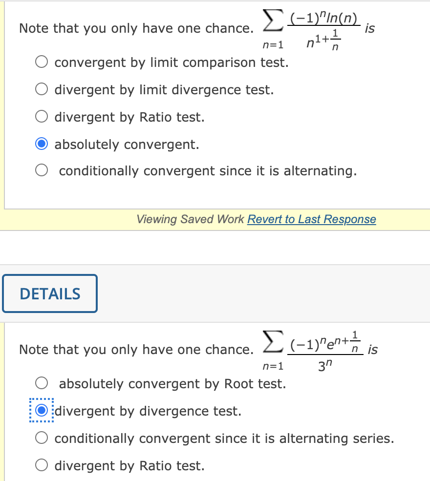 Solved (-1)^ln(n). Note that you only have one chance. is | Chegg.com