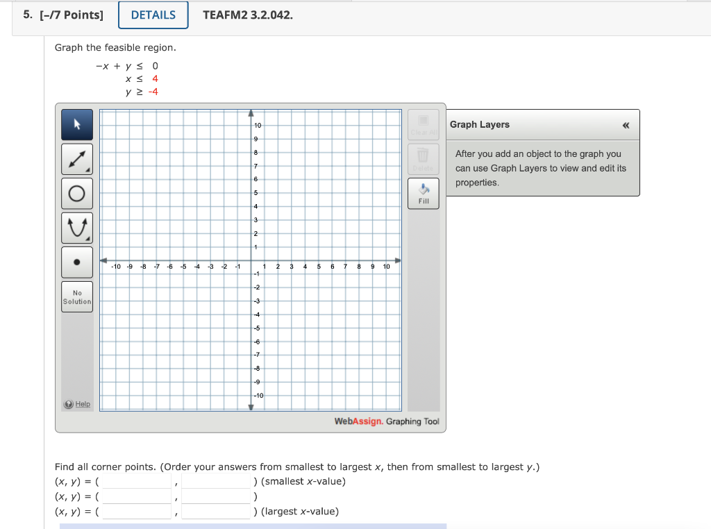 Solved Graph the feasible region. −x+y≤0x≤4y≥−4 Graph Layers | Chegg.com