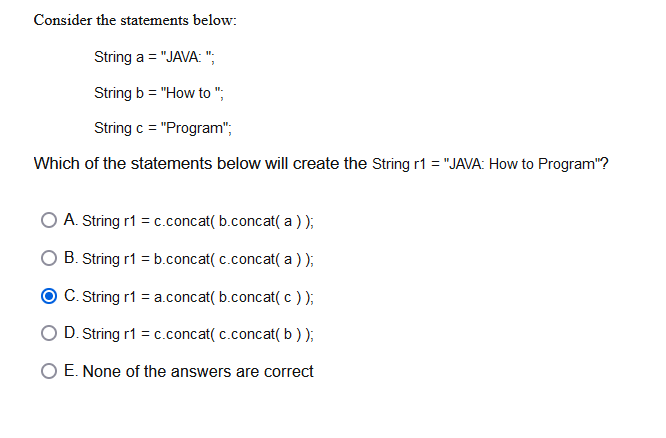 Solved Consider the statements below: String a ="JAVA: "; | Chegg.com