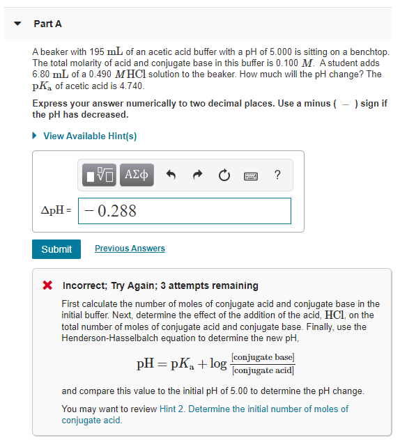 Solved Part A A beaker with 195 mL of an acetic acid buffer | Chegg.com