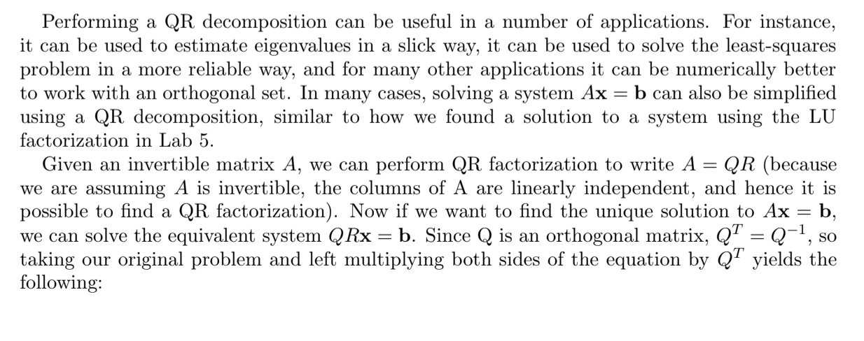 Solved 4. QR DECOMPOSITION Recall that in Lab 5 we learned | Chegg.com
