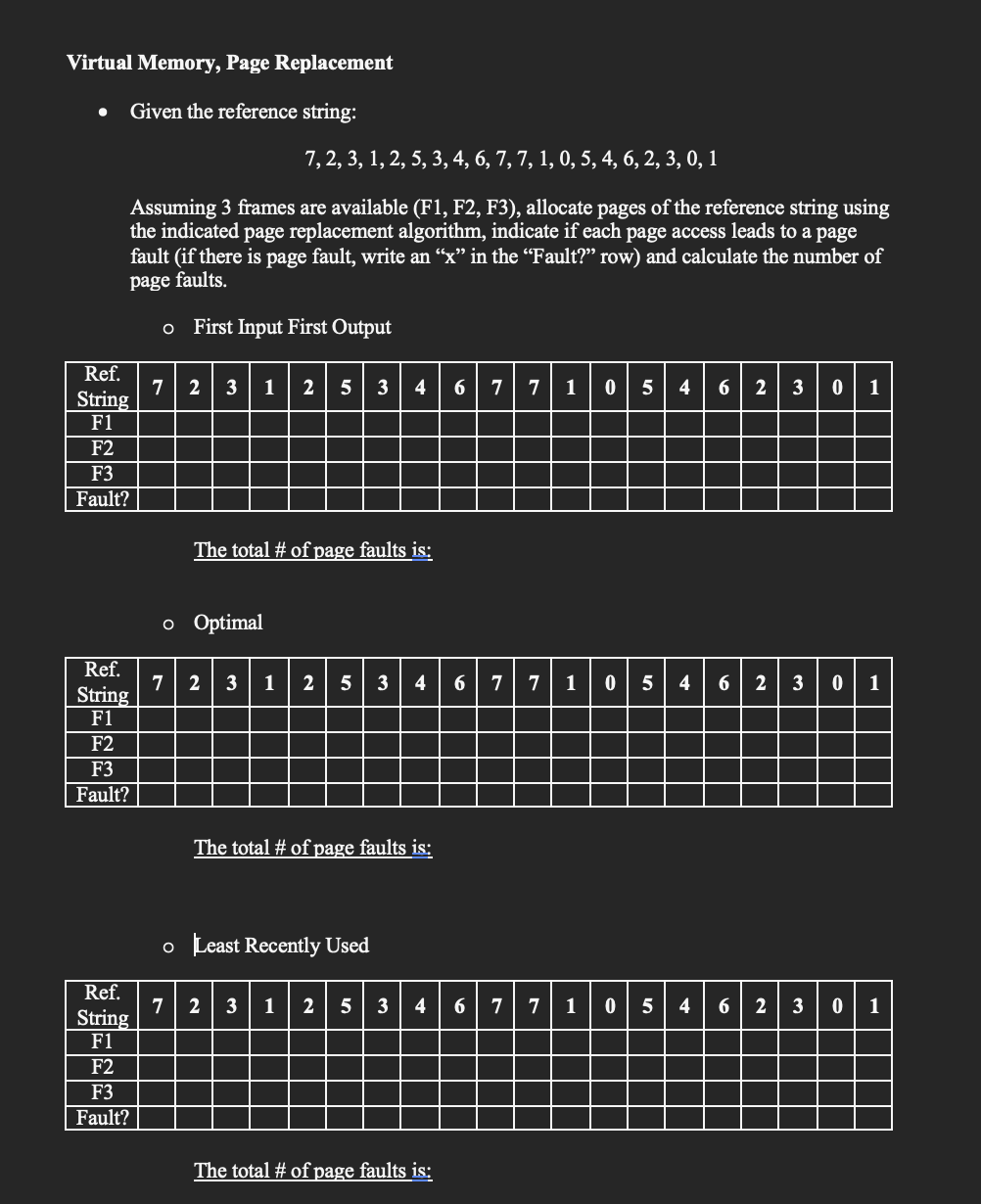 Solved Virtual Memory, Page Replacement Given the reference | Chegg.com