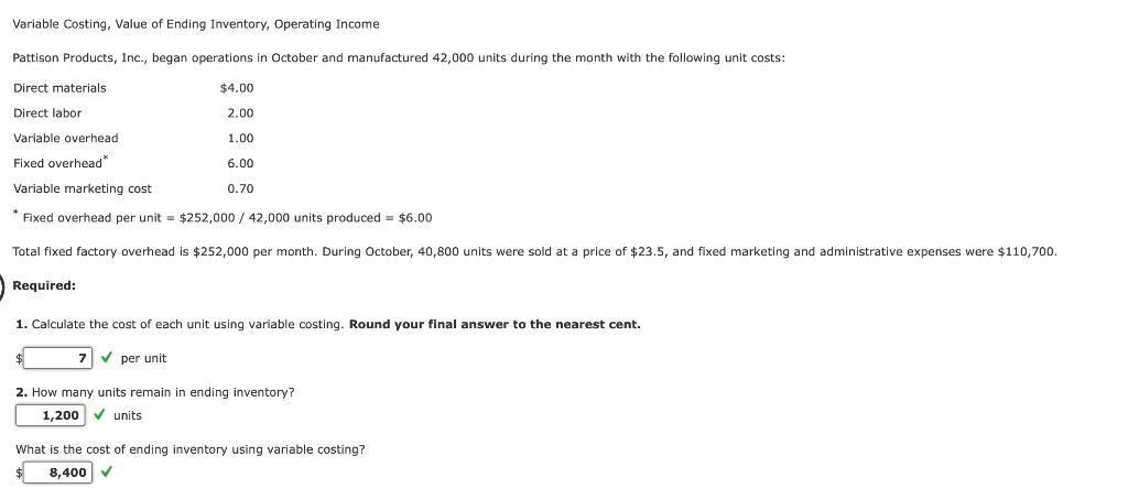 Solved Variable Costing, Value of Ending Inventory, | Chegg.com