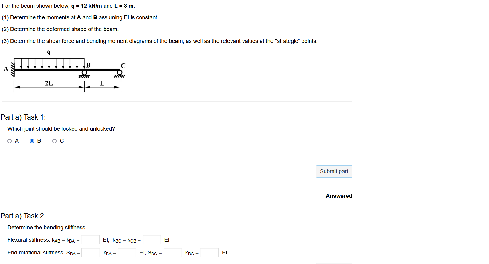 Solved For the beam shown below, q=12kN/m and L=3 m. (1) | Chegg.com