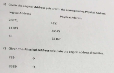 Solved 1) Given the Logical Address pair it with the | Chegg.com