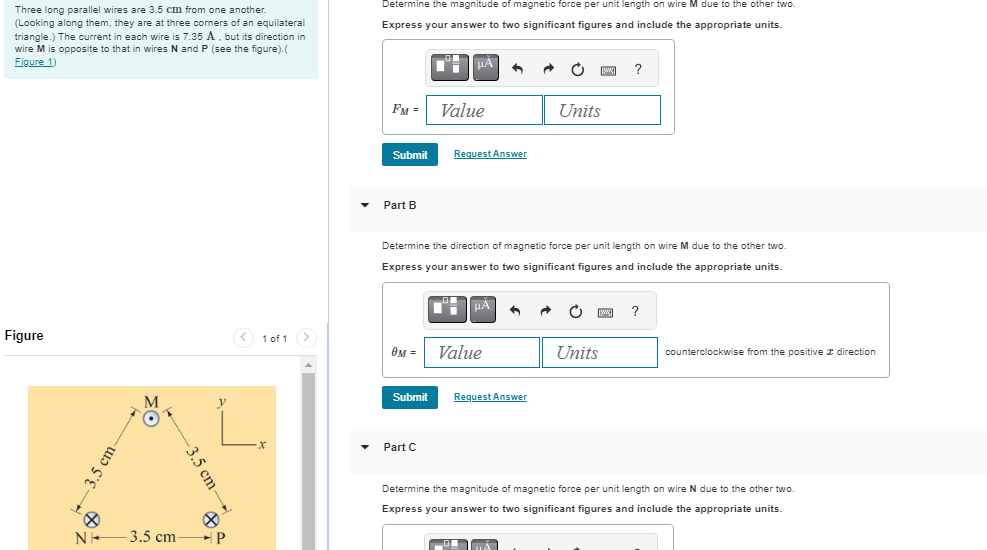 Solved Three long parallel wires are 3.5 cm from one | Chegg.com
