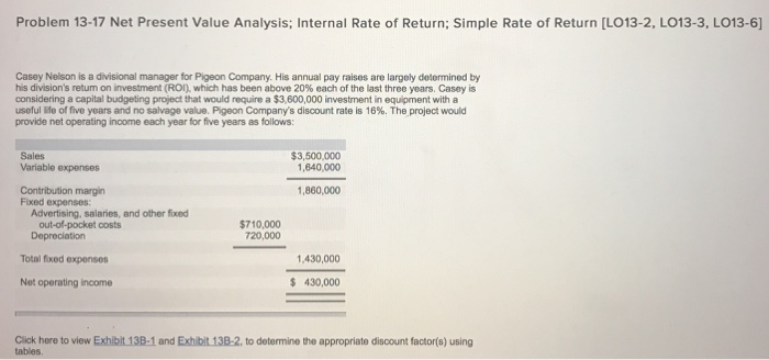 Solved Problem 13-17 Net Present Value Analysis; Internal | Chegg.com