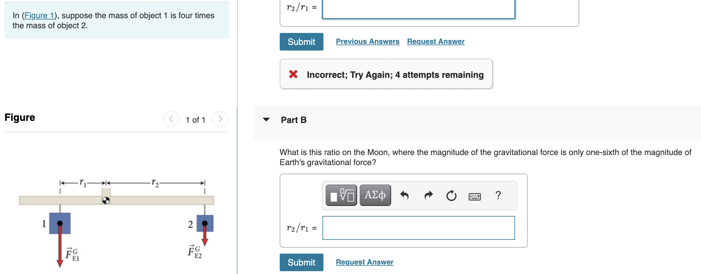 In , suppose the mass of object 1 is four times the | Chegg.com