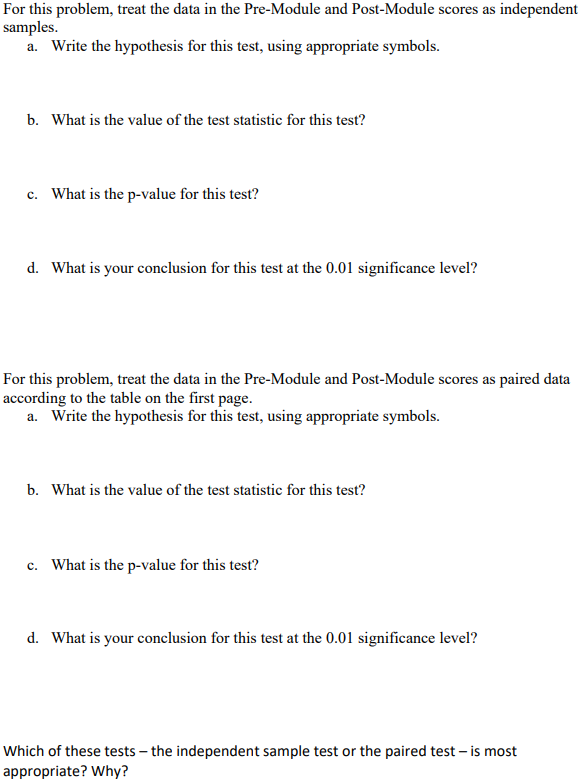 Solved \begin{tabular}{|c|c|c|} \hline Student & Pre-Module | Chegg.com