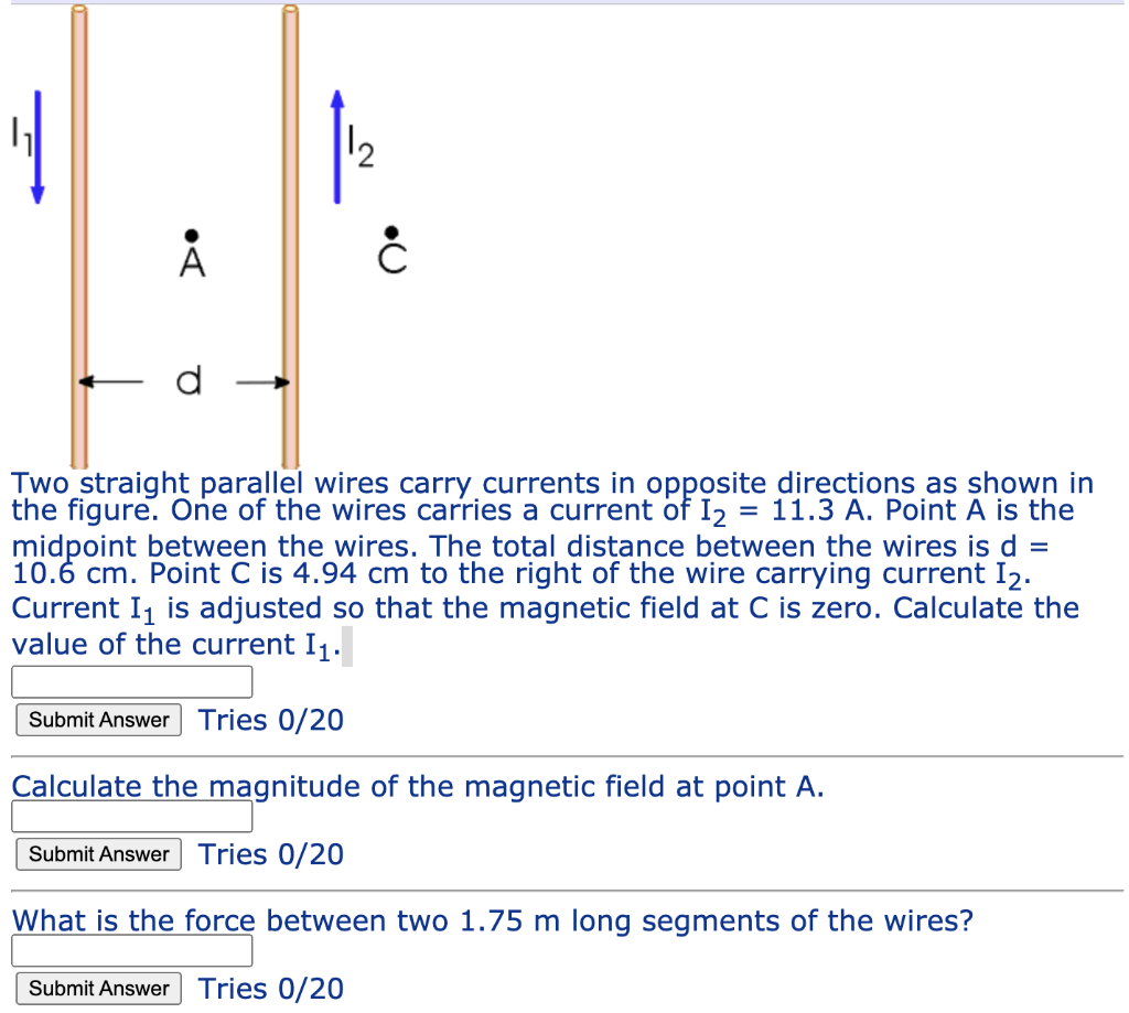 Solved 12 A Ć Two straight parallel wires carry currents in | Chegg.com